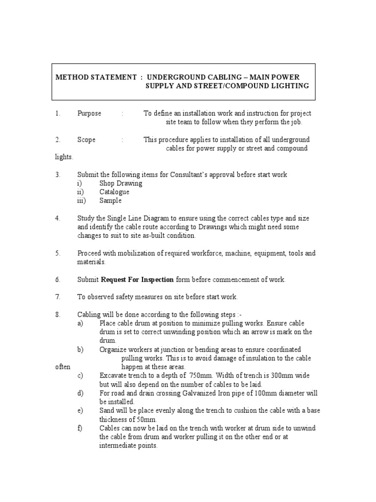 Method Statement: Underground Cabling - Main Power Supply and Street ...