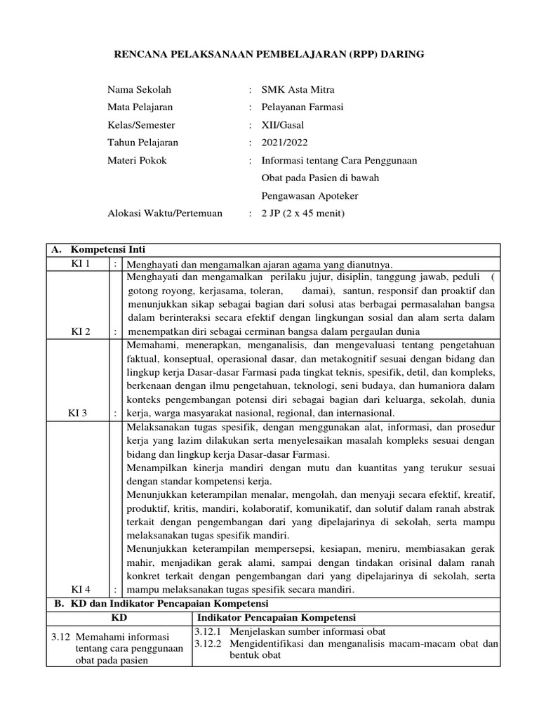 Rencana Pelaksanaan Pembelajaran (RPP) Daring | PDF