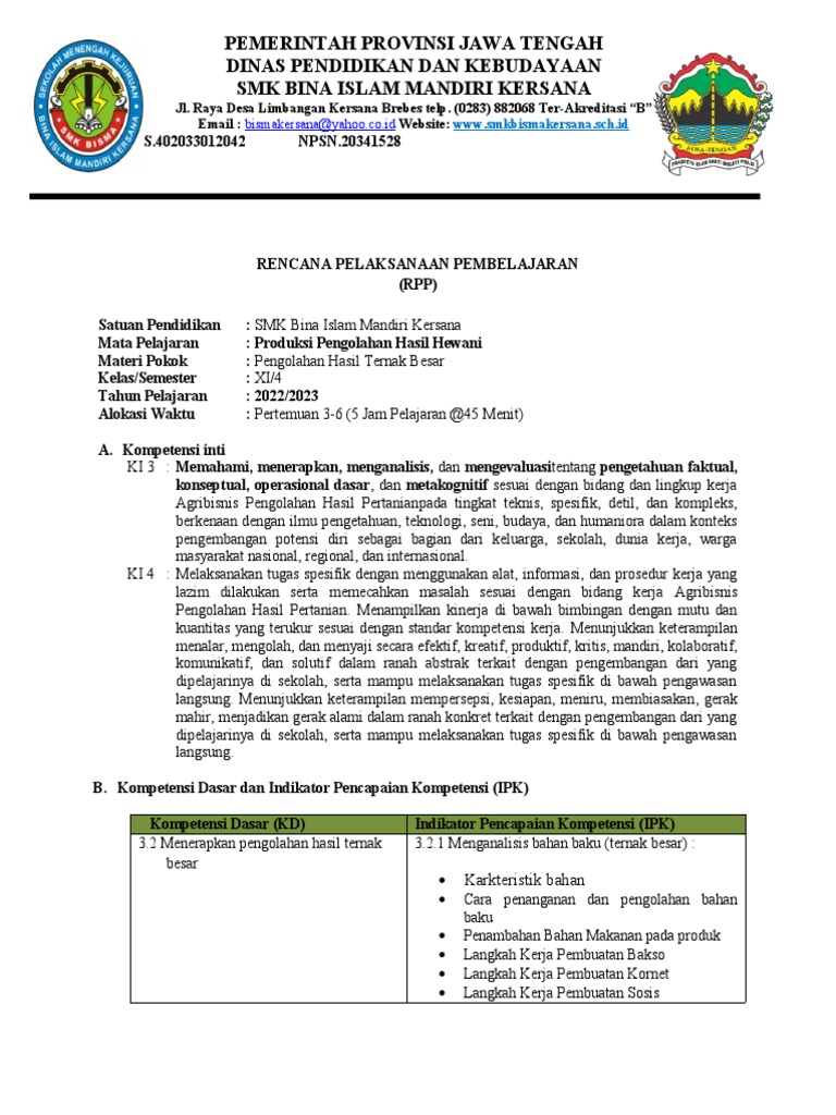 Format RPP 2 Pengolahan Hasil Ternak Besar | PDF