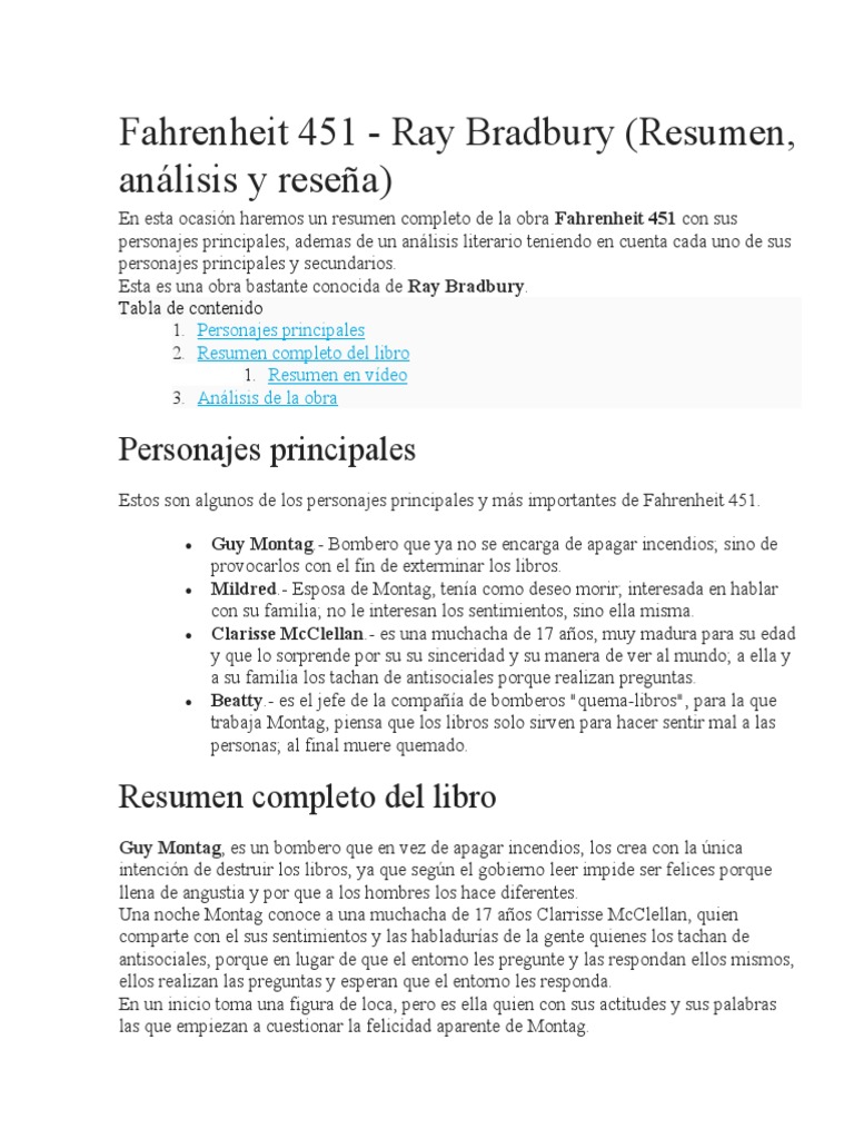 Análisis y Resumen de Fahrenheit 451 | PDF