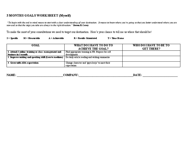3 Months Goals Worksheet (Myself) | PDF