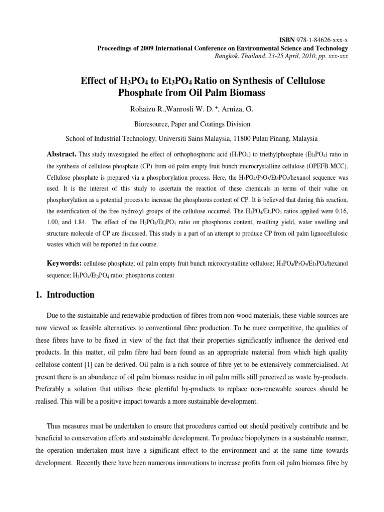 Synthesis of Cellulose Phosphate from OPEFB | PDF | Pulp (Paper ...