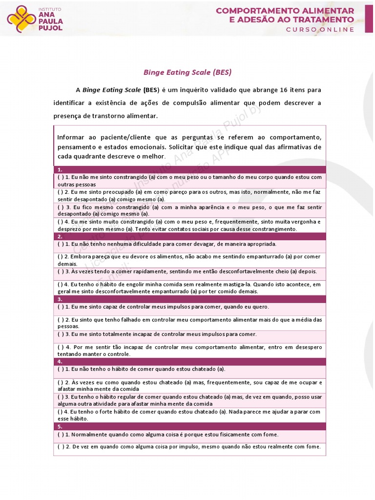 Questionário de Compulsão Alimentar - Binge Eating Scale (BES) | PDF ...