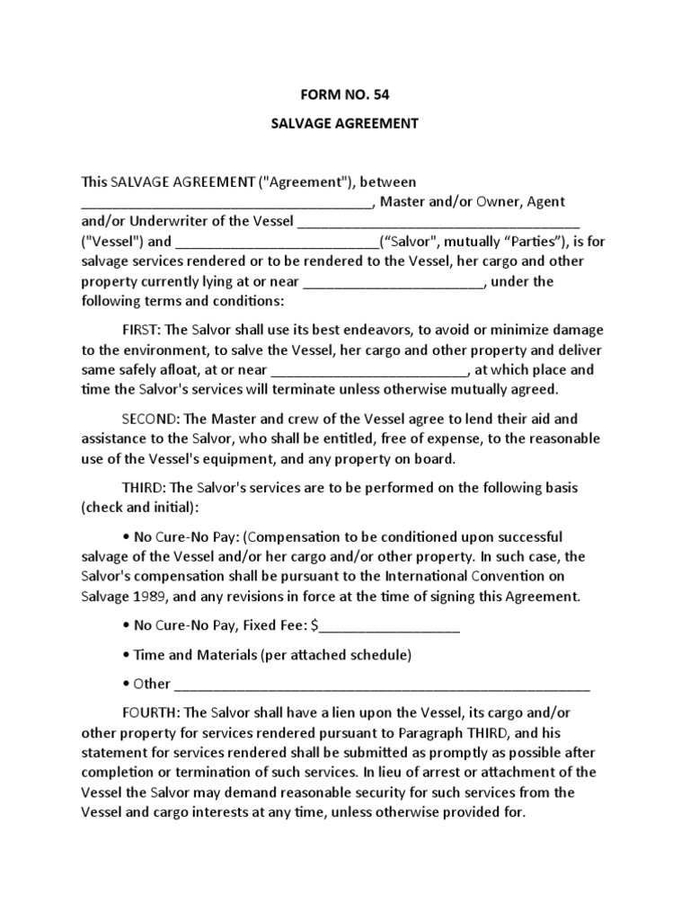 Form No. 54 Salvage Agreement | PDF | Marine Salvage | Civil Law (Legal ...