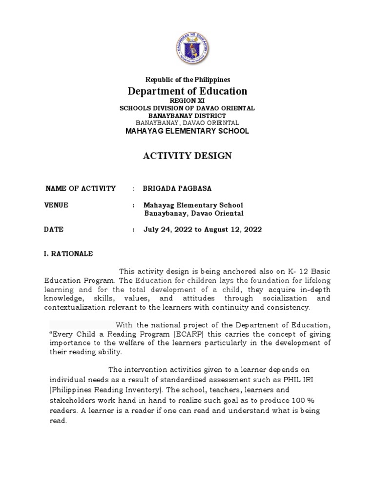 Activity Design Brigada Pagbasa | PDF | Learning | Behavior Modification