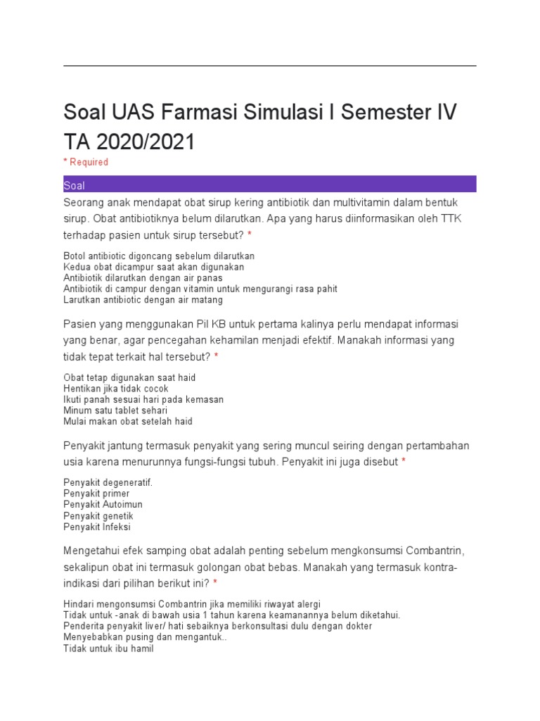Soal UAS Farmasi Simulasi I Semester IV TA 2020 FARSIM | PDF | Pengembangan Diri