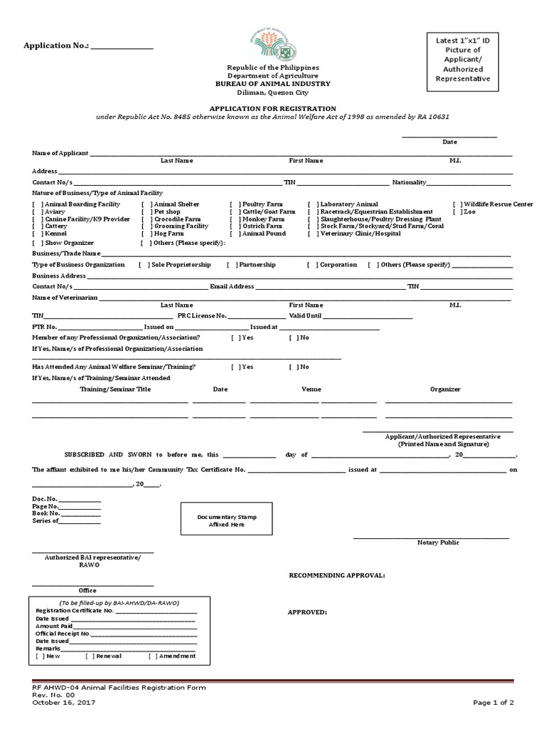Animal Facility Registration Application | PDF | Animals And Humans ...
