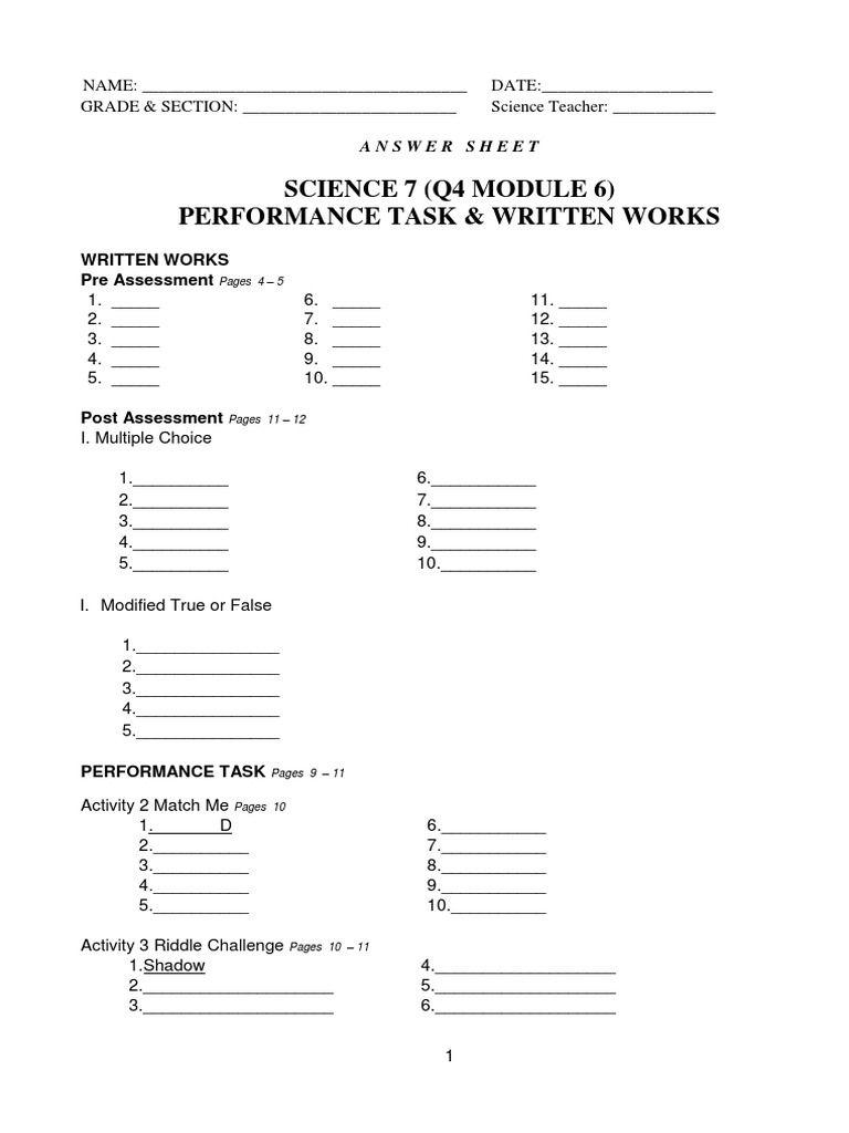 Science 7 (Q4 Module 6) Performance Task & Written Works | PDF | Solar ...