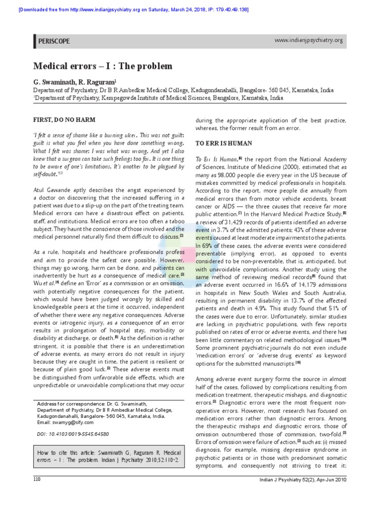 Medical Errors - I: The Problem: G. Swaminath, R. Raguram | PDF | Medical Error | Psychiatry