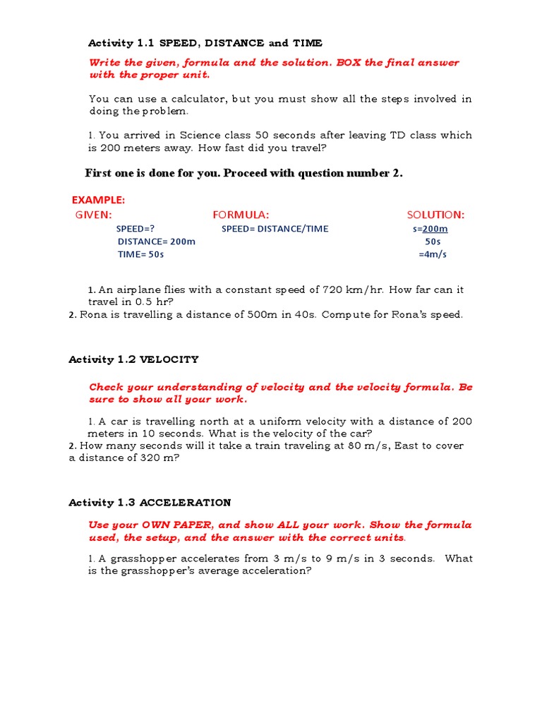 Physics Speed & Velocity Exercises | PDF | Teaching Methods & Materials ...