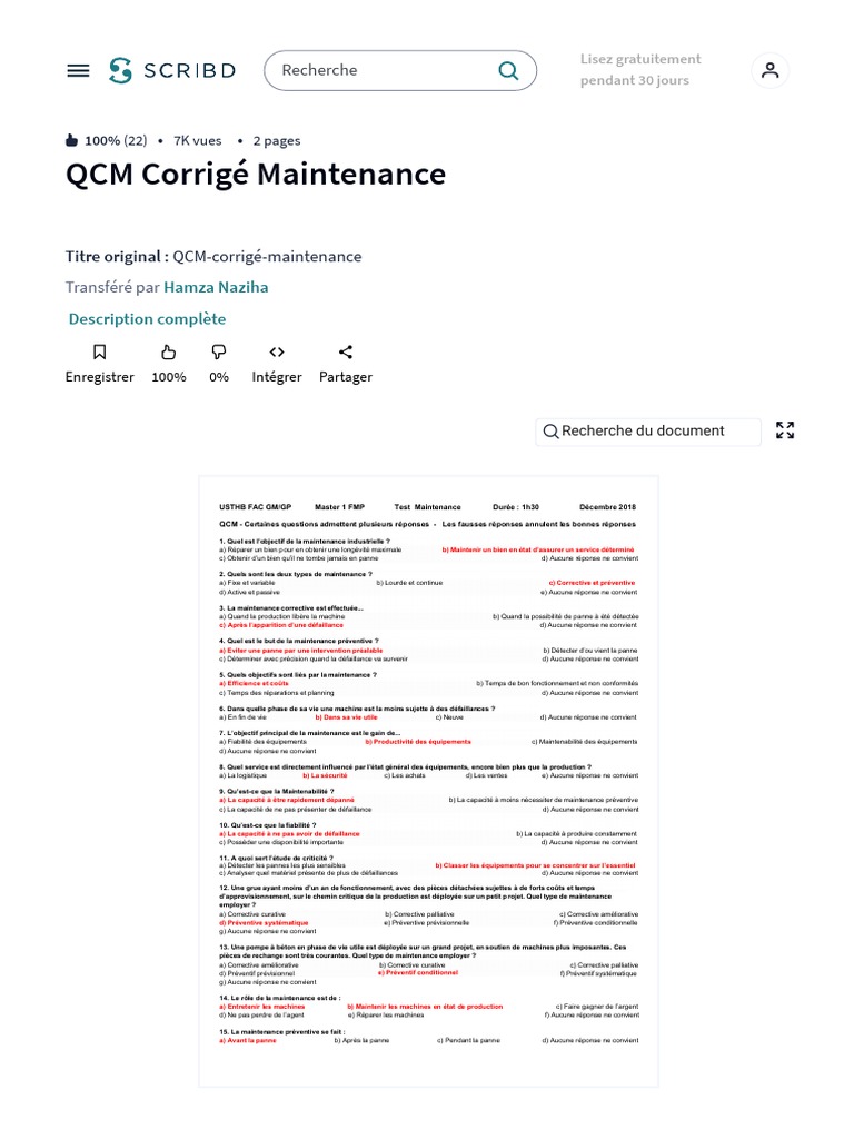 QCM Corrigé Maintenance - PDF - Fabrication Et Ingénierie - La Nature | PDF