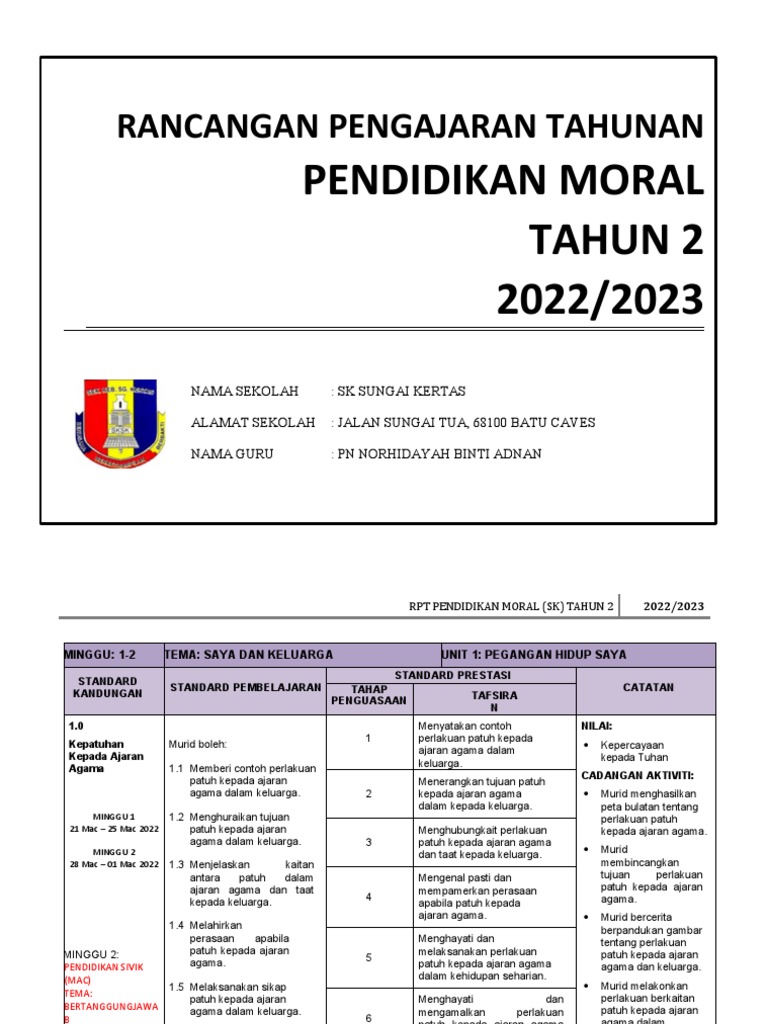 RPT Pend Moral Tahun 2 KSSR Semakan | PDF
