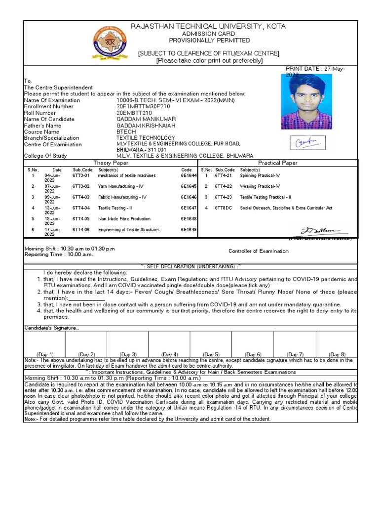 Rajasthan Technical University, Kota: (Subject To Clearence of Rtu/Exam ...