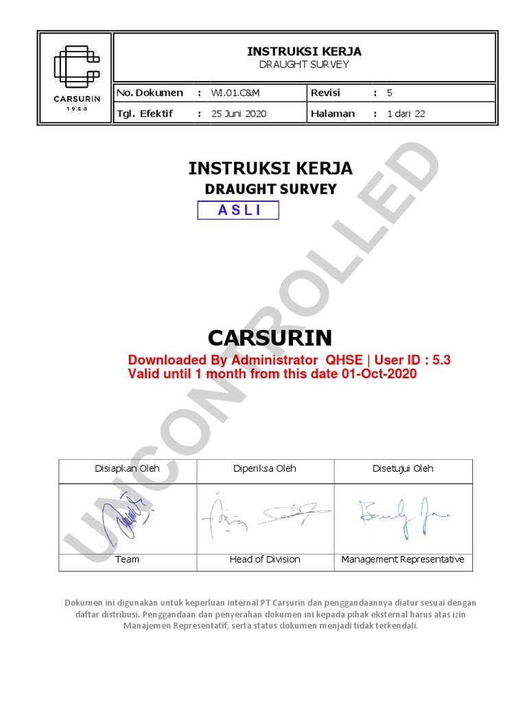 Wi.01.C&M Petunjuk Kerja Draft Survey. | PDF | Teknologi & Rekayasa