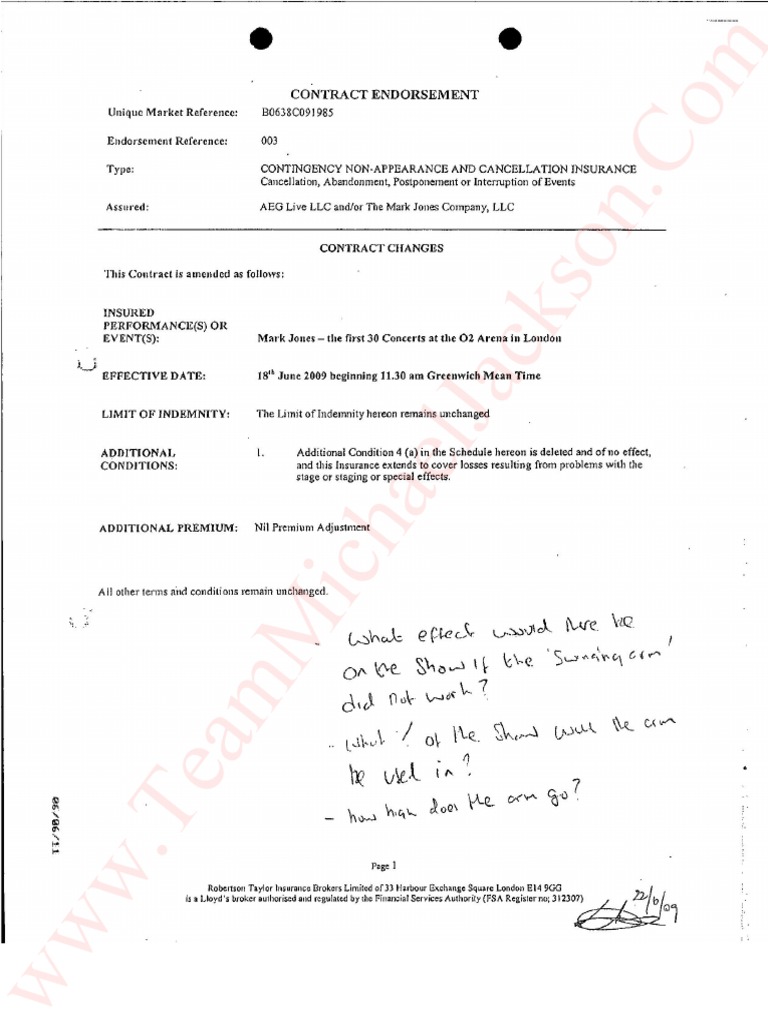 Michael Jackson-Lloyds of London Insurance policy-AEG | PDF