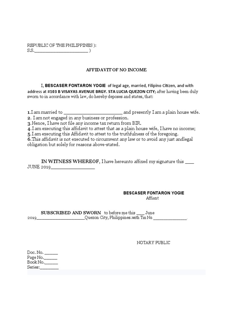AFFIDAVIT NO INCOME | PDF