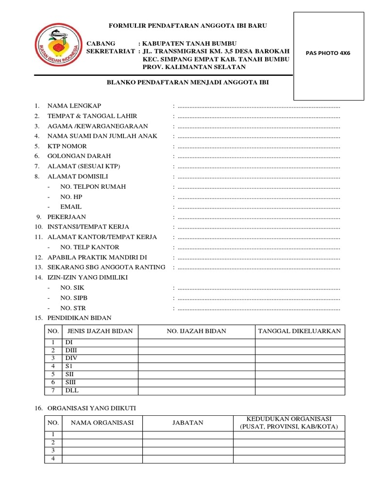Form Pendaftaran Anggota Ibi Baru | PDF