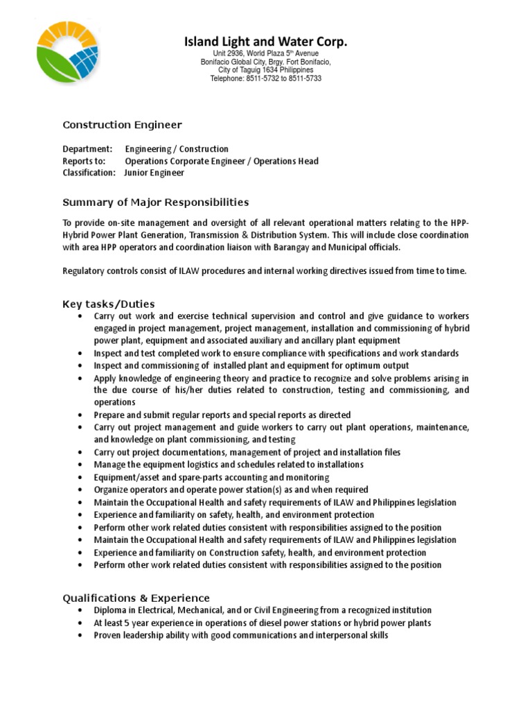 Construction Engineer - Jobs Description Rev2 | PDF | Engineer ...