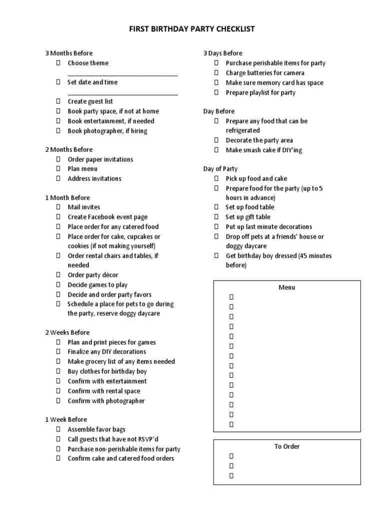 First Birthday Party Checklist | PDF