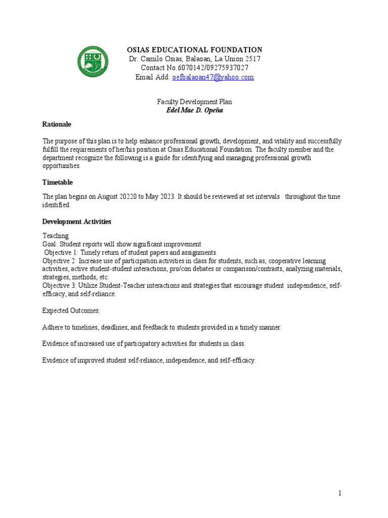 Sample Faculty Development Plan | PDF | Education Theory ...