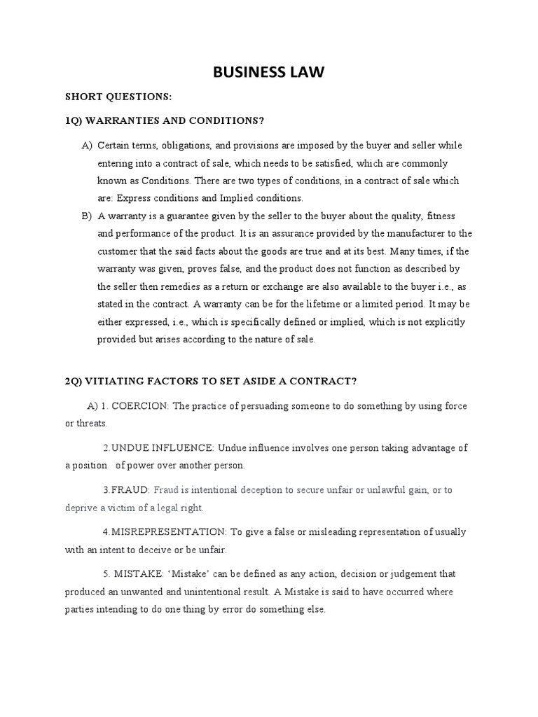 Business Law: Short Questions: 1Q) Warranties and Conditions? | PDF | Negotiable Instrument ...