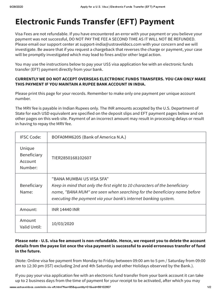 Apply For A U.S. Visa - Electronic Funds Transfer (EFT) Payment | PDF ...