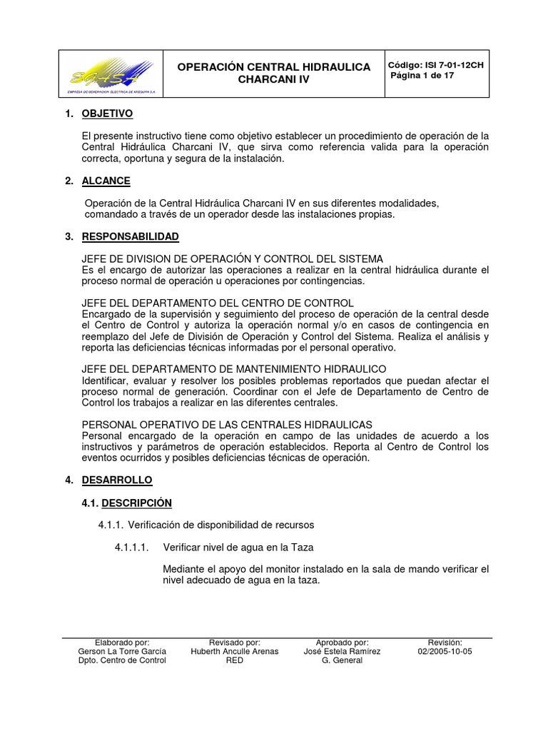 ISI 7-01-12 Operación CH Charcani IV - ANTIGUO | PDF | Hidráulica | Ingeniería mecánica