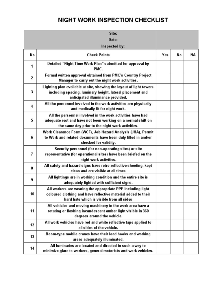 Night Work Inspection Checklist | PDF