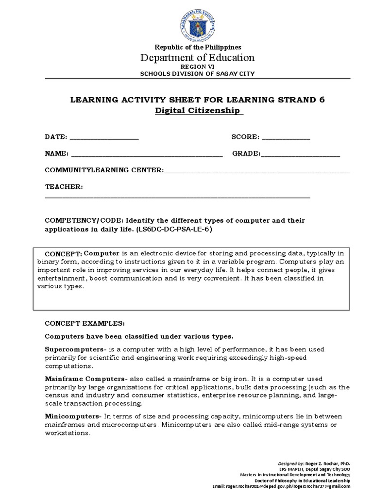 Department of Education: Learning Activity Sheet For Learning Strand 6 ...