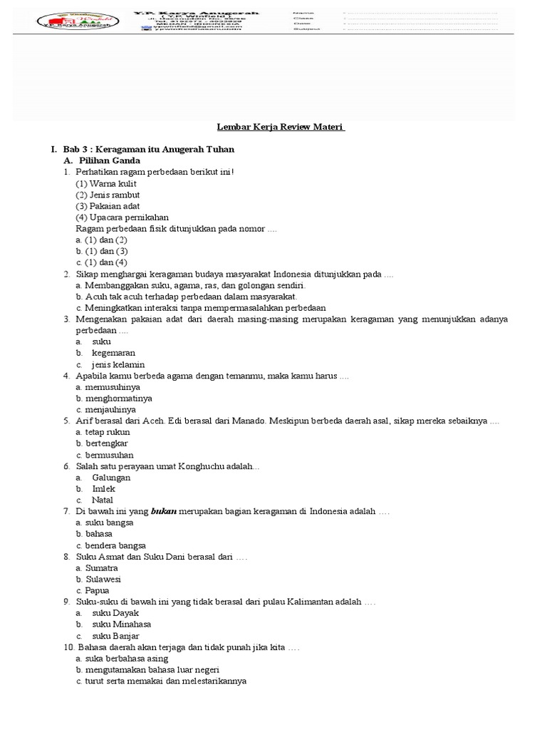 Worksheet PPKN Review & Kisi-Kisi Rev4 | PDF | Kajian Bahasa Asing | Griya & Taman