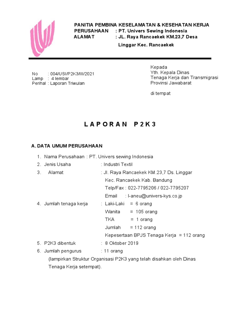 Laporan P2K3 PT Univers Sewing Indonesia | PDF