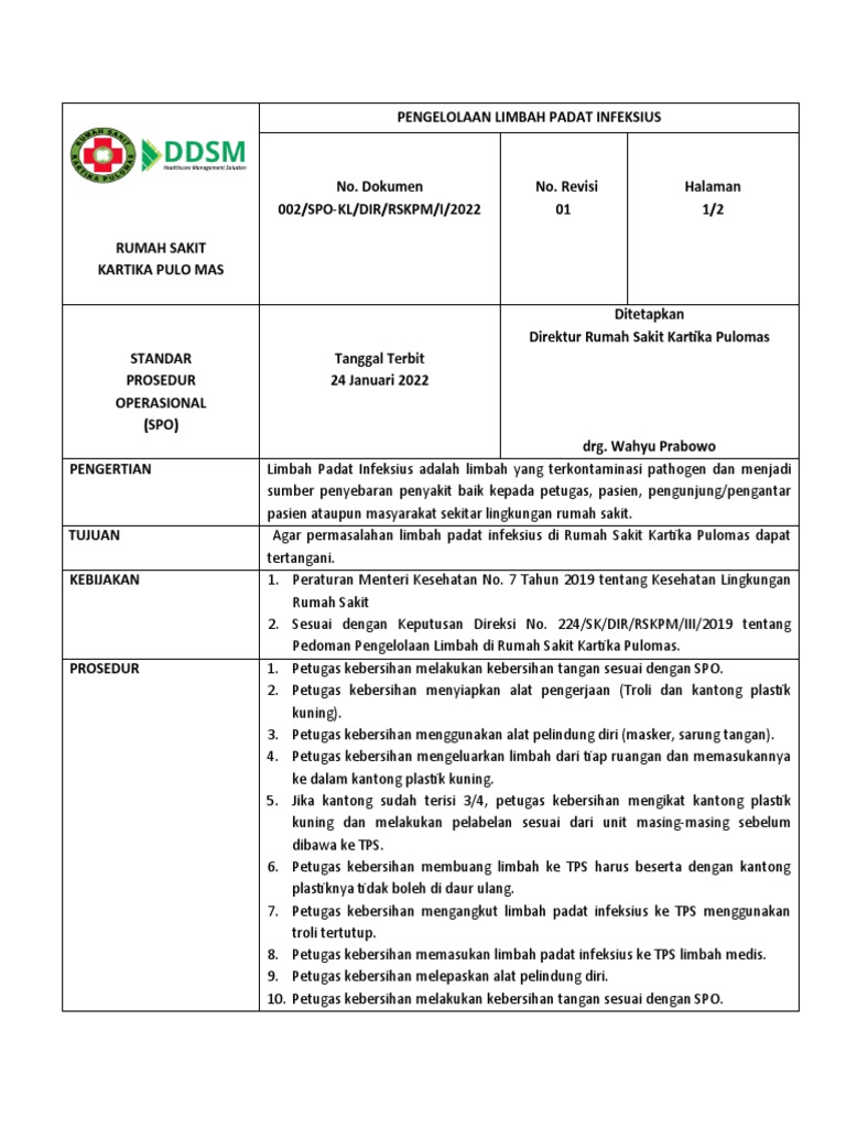 Spo Pengelolaan Limbah Padat Infeksius | PDF | Sains & Matematika