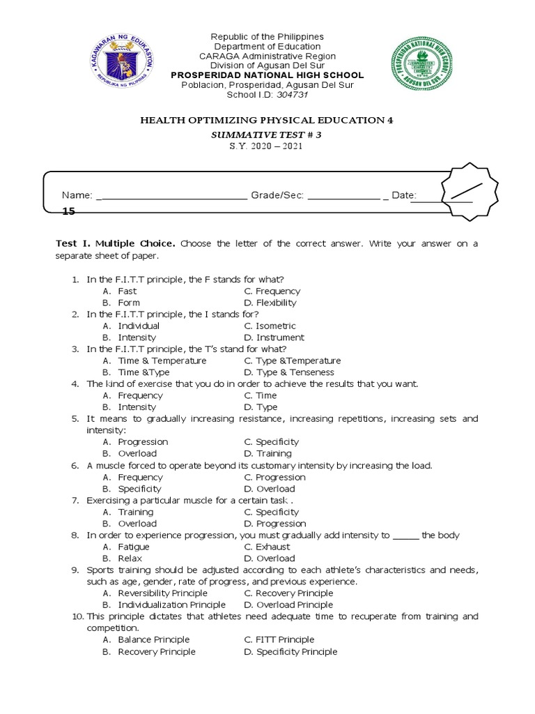 Health Optimizing Physical Education 4: Summative Test # 3 | PDF ...