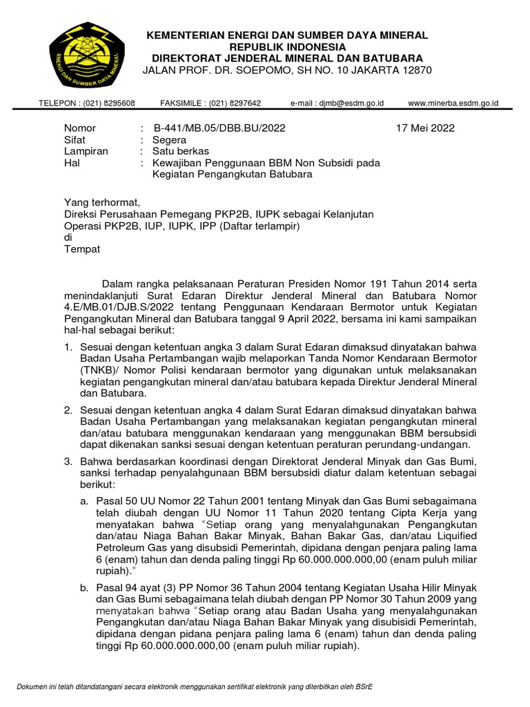 Kewajiban Penggunaan BBM Non Subsidi BU | PDF