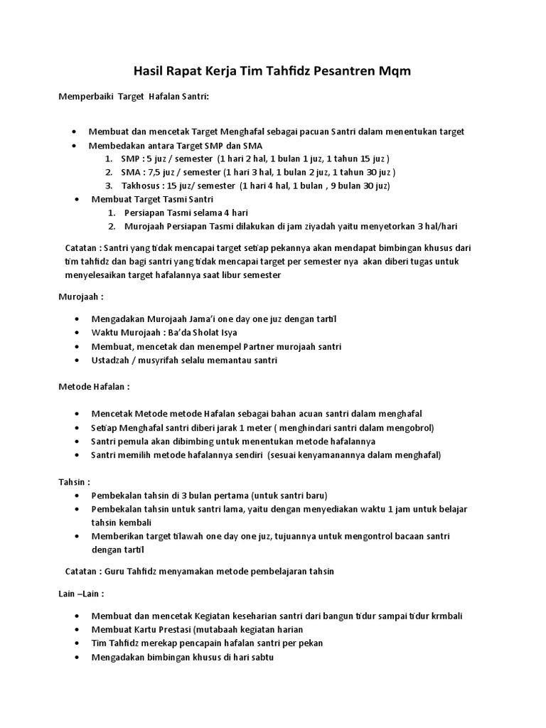 Hasil Rapat Kerja Tim Tahfidz Pesantren MQM | PDF