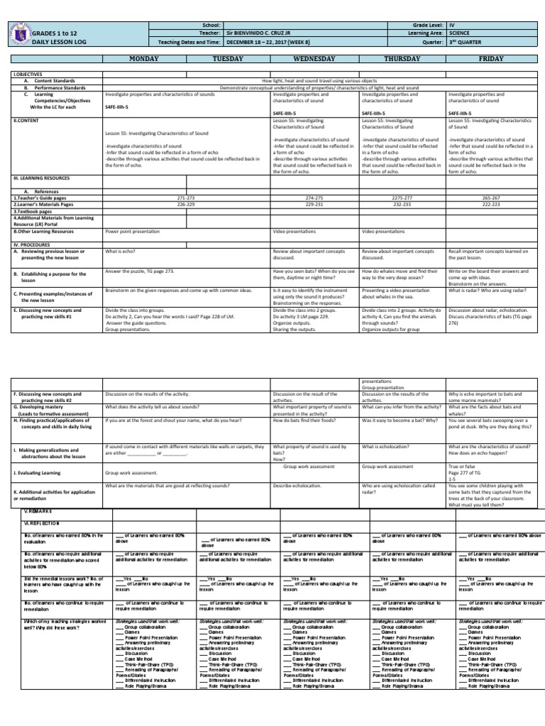 Science 4 - Q3 - W8 DLL | PDF | Bat | Learning