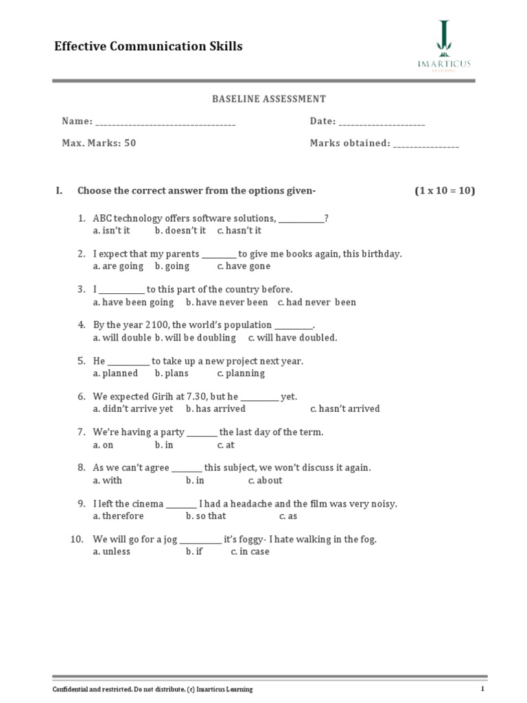 Effective Communication Skills: I. Choose The Correct Answer From The ...
