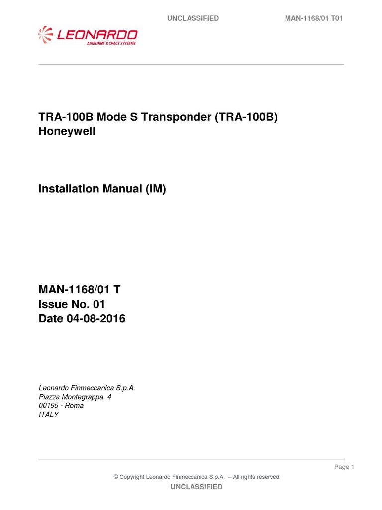 TRA-100B Mode S Transponder (TRA-100B) Honeywell: Unclassified MAN-1168 ...