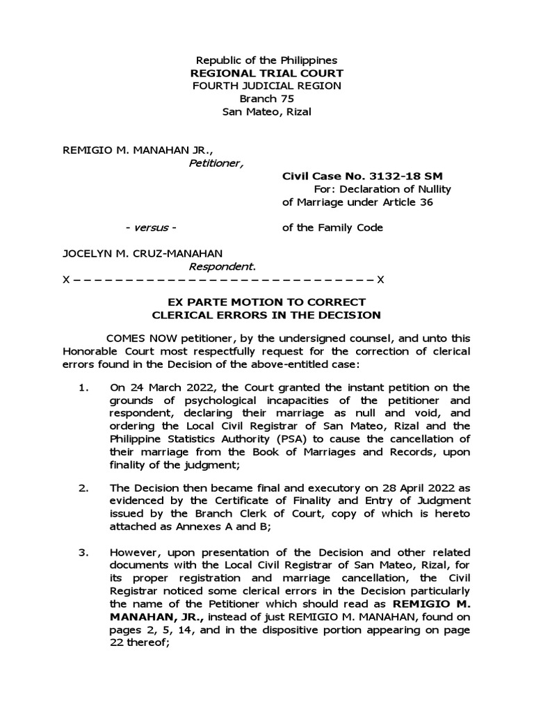 Motion To Correct Clerical Error in The Decision | PDF | Common Law ...
