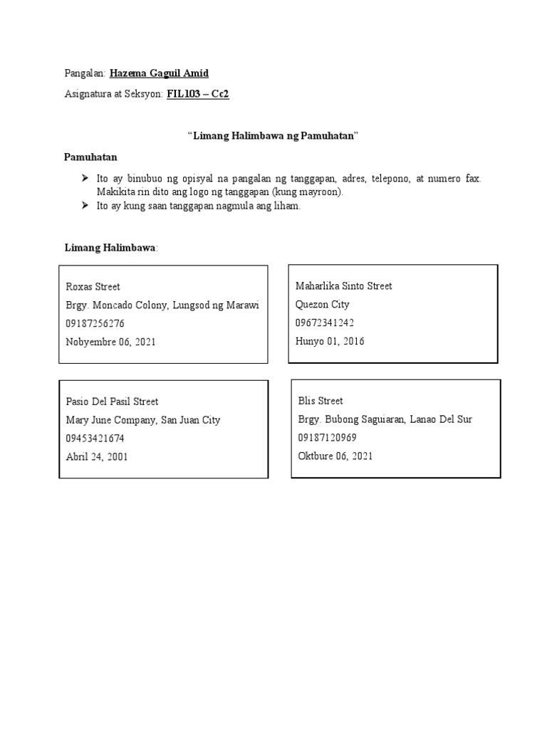 Limang Halimbawa NG Pamuhatan (AMID, H. G.) | PDF