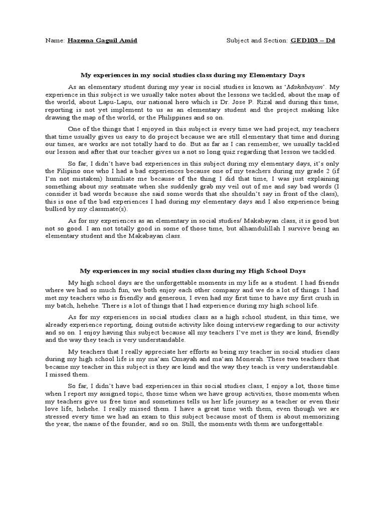 An Essay About The Experiences of Social Studies Class (AMID) | PDF