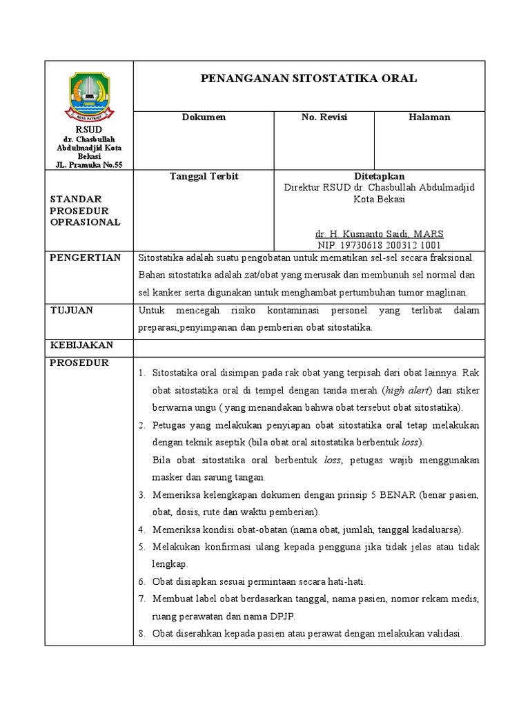 Prosedur Penanganan Sitostatika Oral | PDF | Sains & Matematika