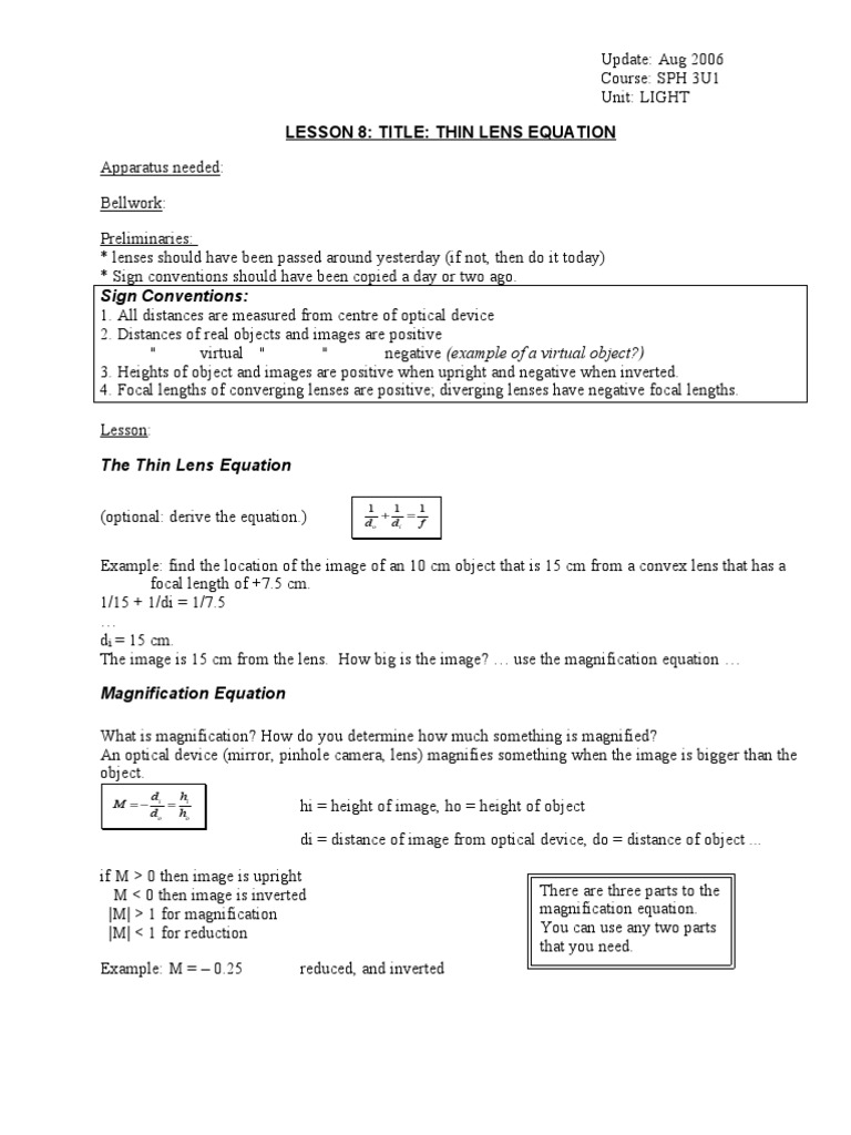 Thin Lens Equation and Sign Conventions | PDF | Lens (Optics) | Glass ...