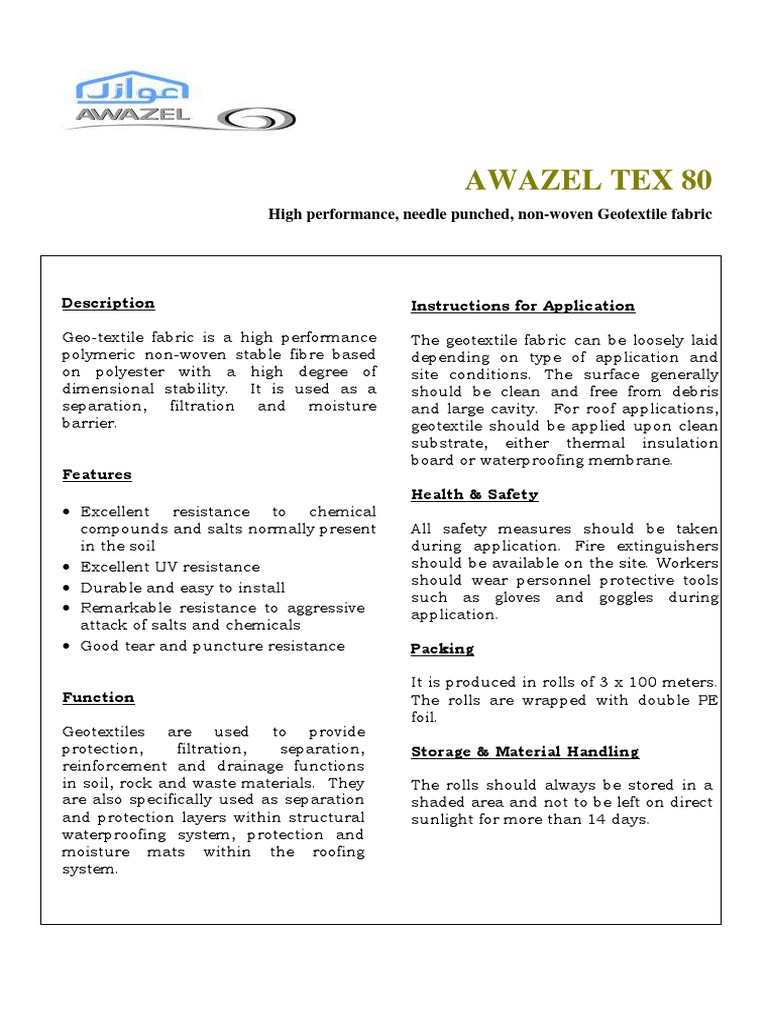 Awazel Tex 80: High Performance, Needle Punched, Non-Woven Geotextile ...