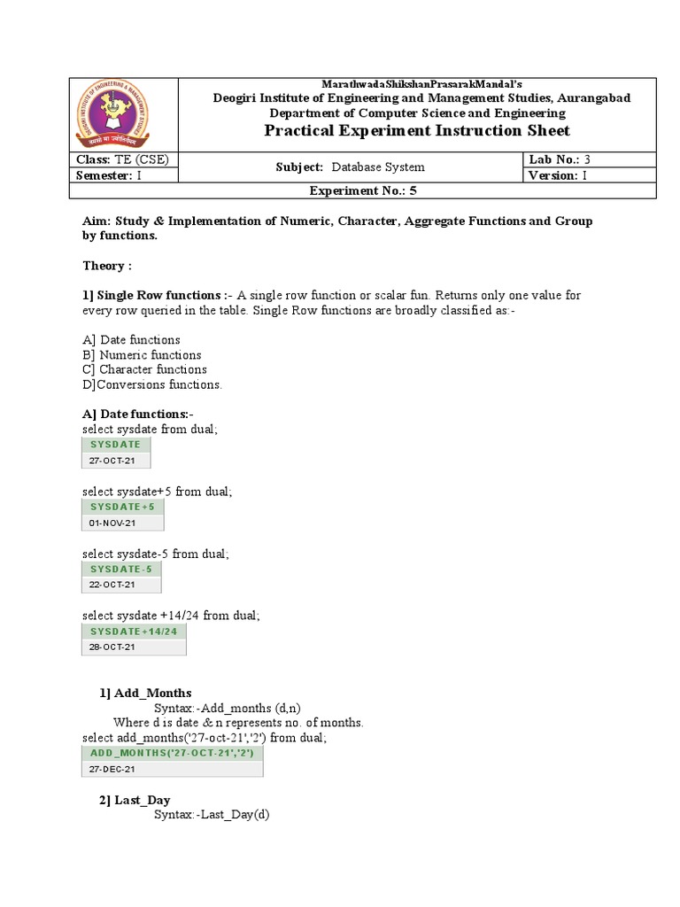 Experiment 5 - Functions in DBMS | PDF | Data Management | Databases