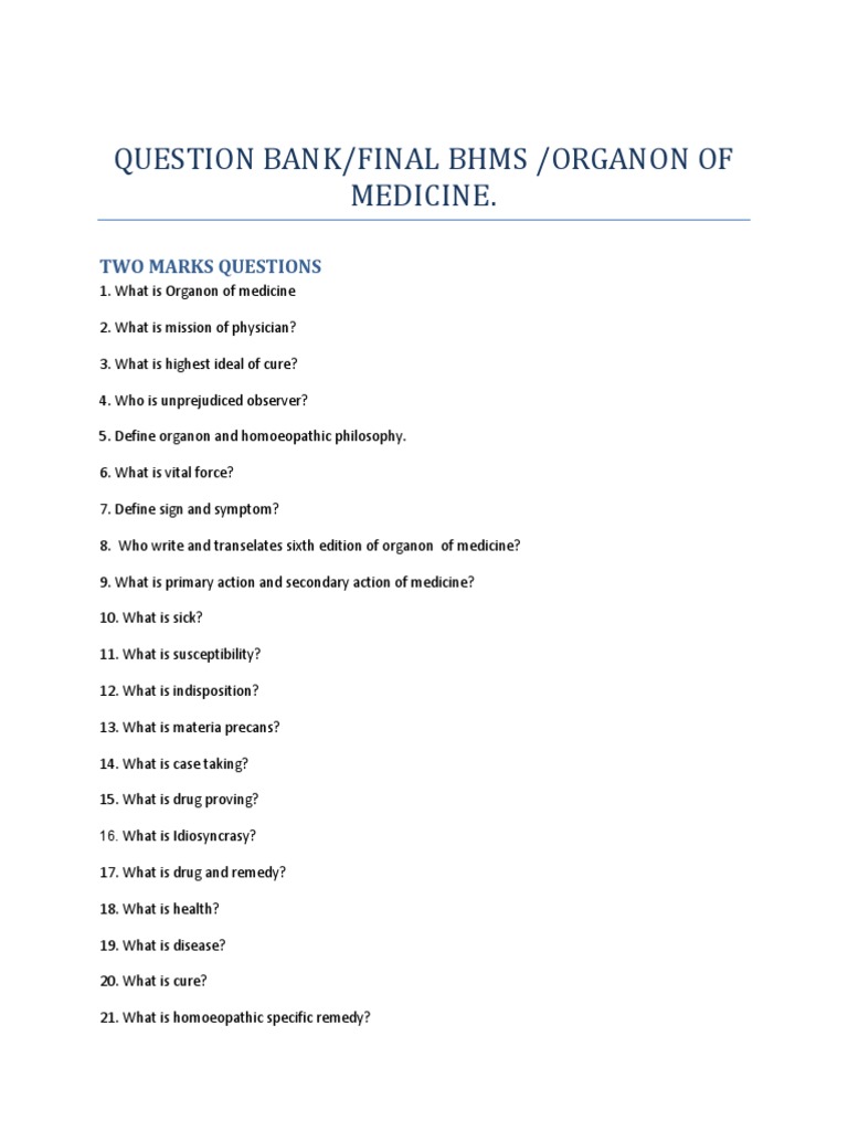 Question Bank/Final Bhms /organon of Medicine.: Two Marks Questions | PDF | Homeopathy | Medicine