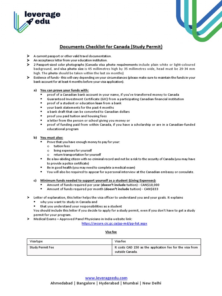 Document Checklist for Canada (Study Permit) - Leverage Edu | PDF ...