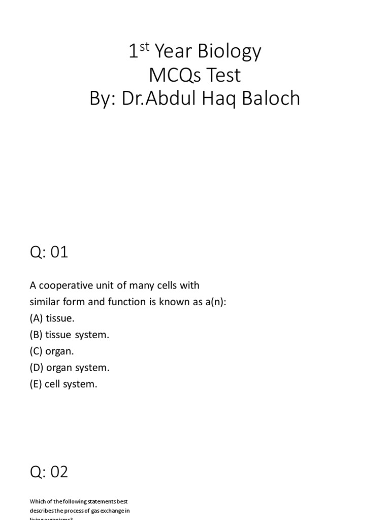 1st Year Biology MCQs with Answers | PDF | Enzyme | Cell (Biology)