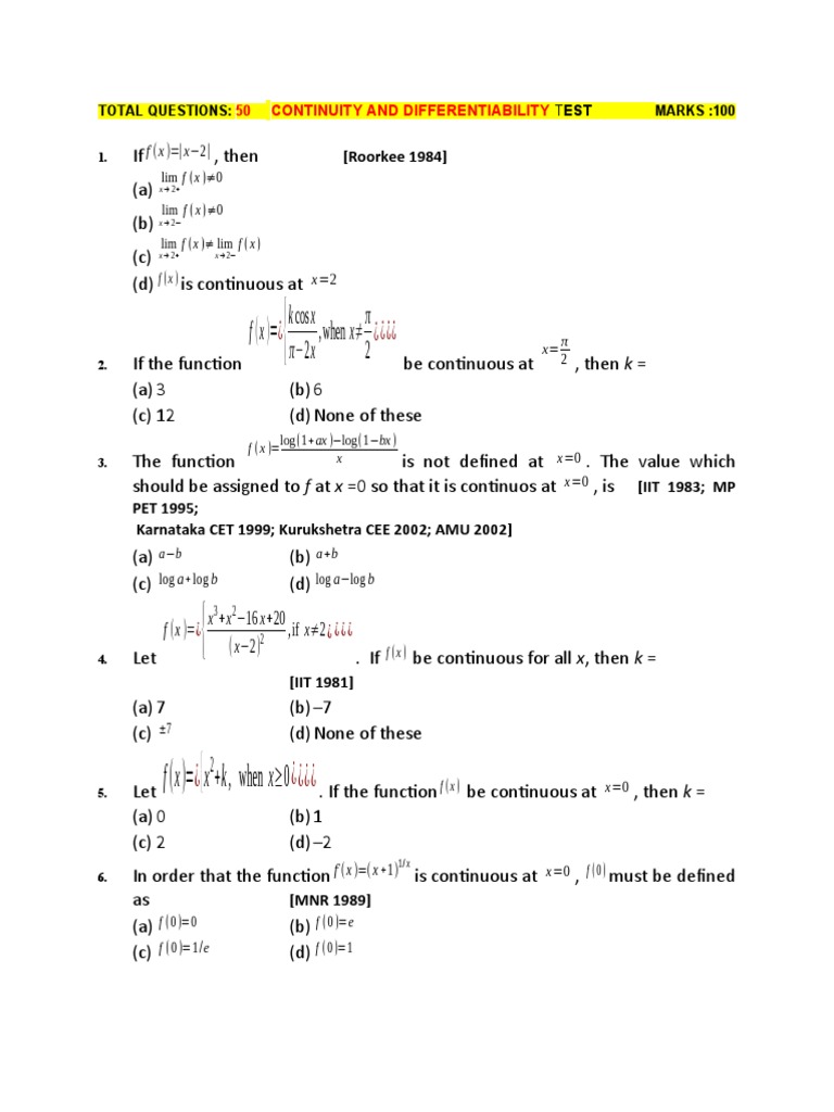 Conytinuity and Differentiability Test | PDF | Mathematical Concepts ...