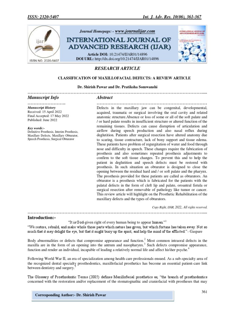Classification of Maxillofacial Defects: A Review Article | PDF ...
